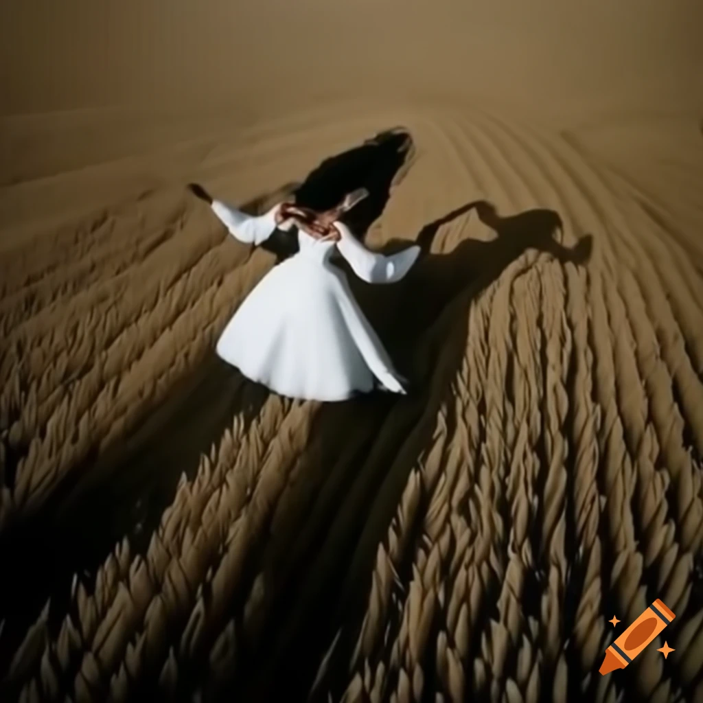 Silhouette of woman in short gown dancing in wheat field on Craiyon