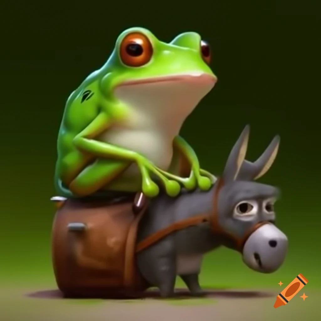 Vibrant green frog sitting on sturdy donkey, whimsical scene on Craiyon