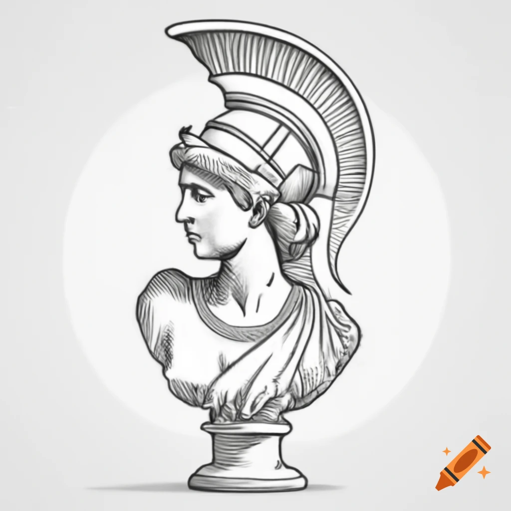 Stylized black and white illustration of Greek goddess Athena bust on ...