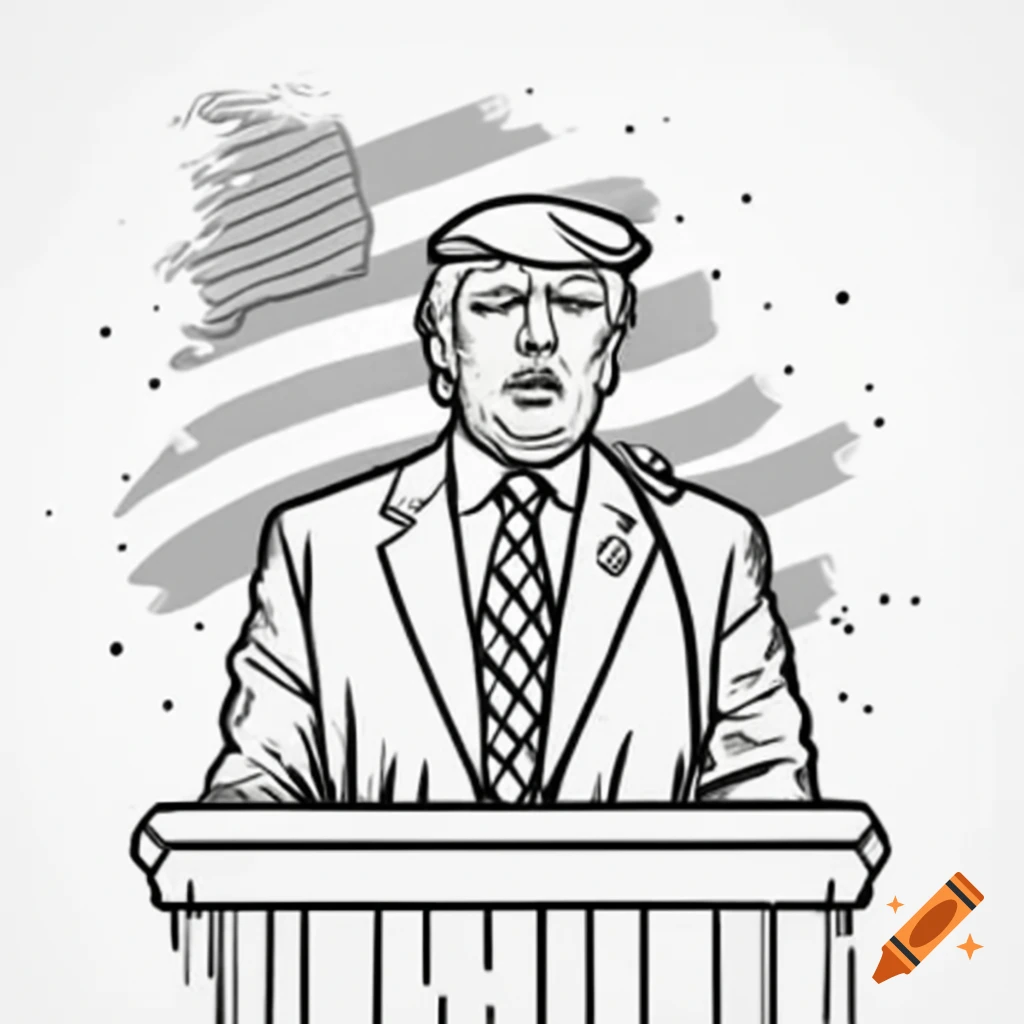 Coloring book page of Donald Trump speaking at podium with US flag on ...