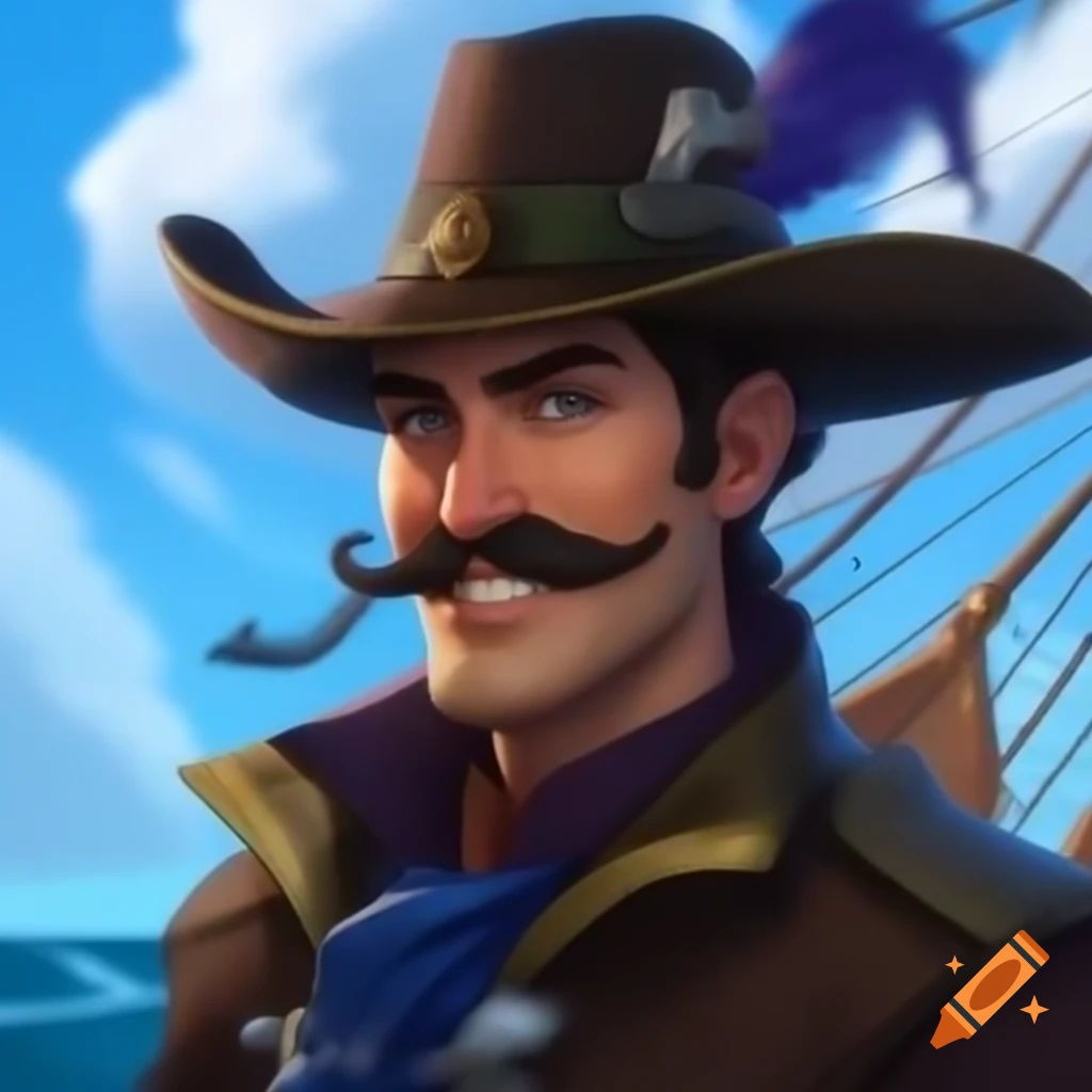 Bard with feathered hat and fantastic mustache smiling in ship's crow's ...