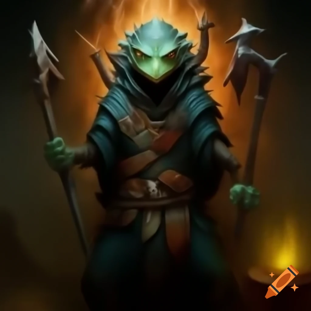 DnD inspired lizard humanoid wielding dual daggers with magical glow on ...
