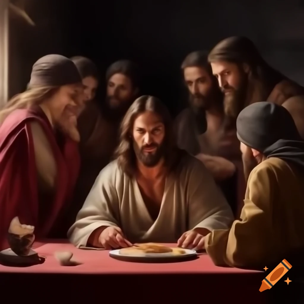 A somber figure resembling jesus sitting at a table with a cake on Craiyon