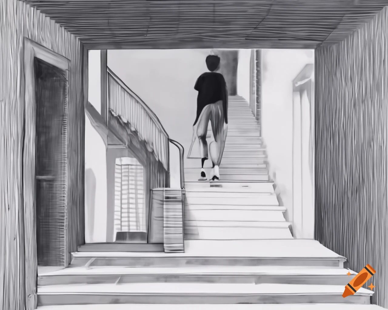 Black and white drawing of young man walking up stairs in narrow house ...