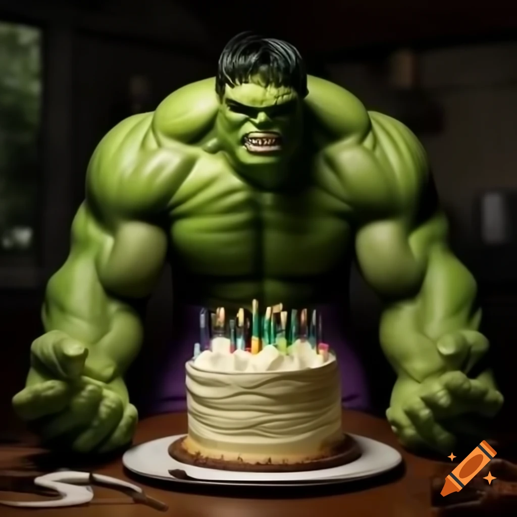 Hulk presenting vanilla birthday cake with green frosting to pauly d on ...