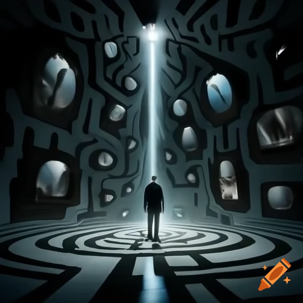 Man walking through labyrinth of mirrors reflecting beams of light on ...