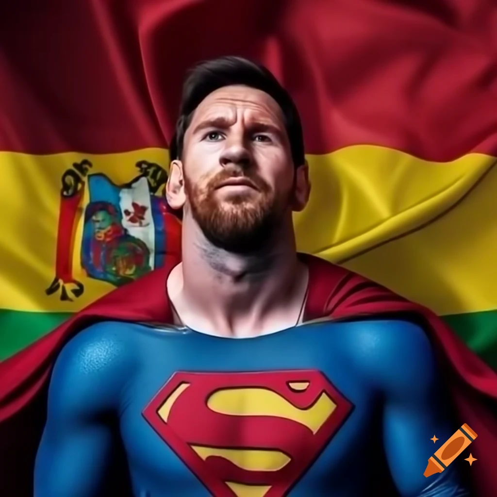 Lionel messi striking a superman pose with bolivian flag emblem on Craiyon
