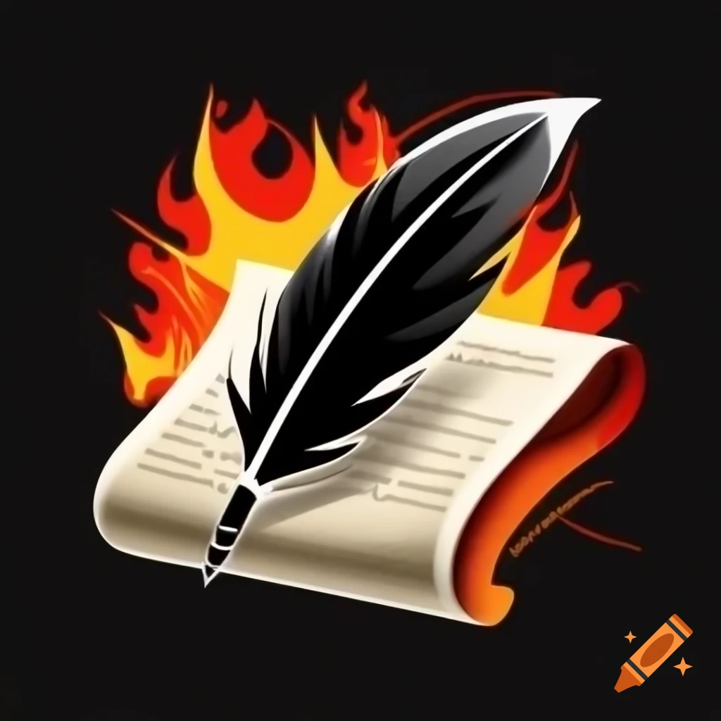 Minimalist icon of black quill pen with vibrant flames symbolizing ...