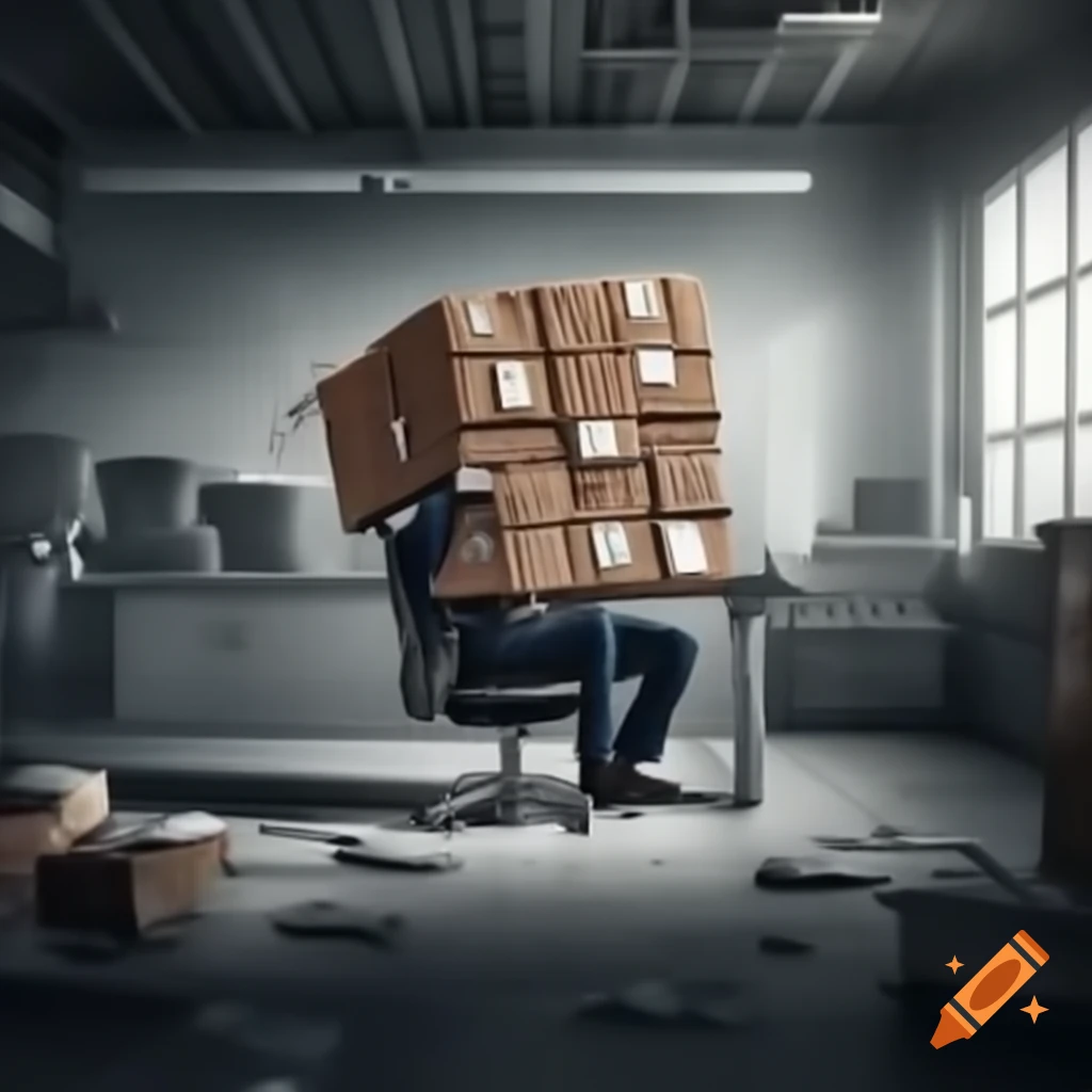 Office worker overwhelmed by large pile of work on Craiyon