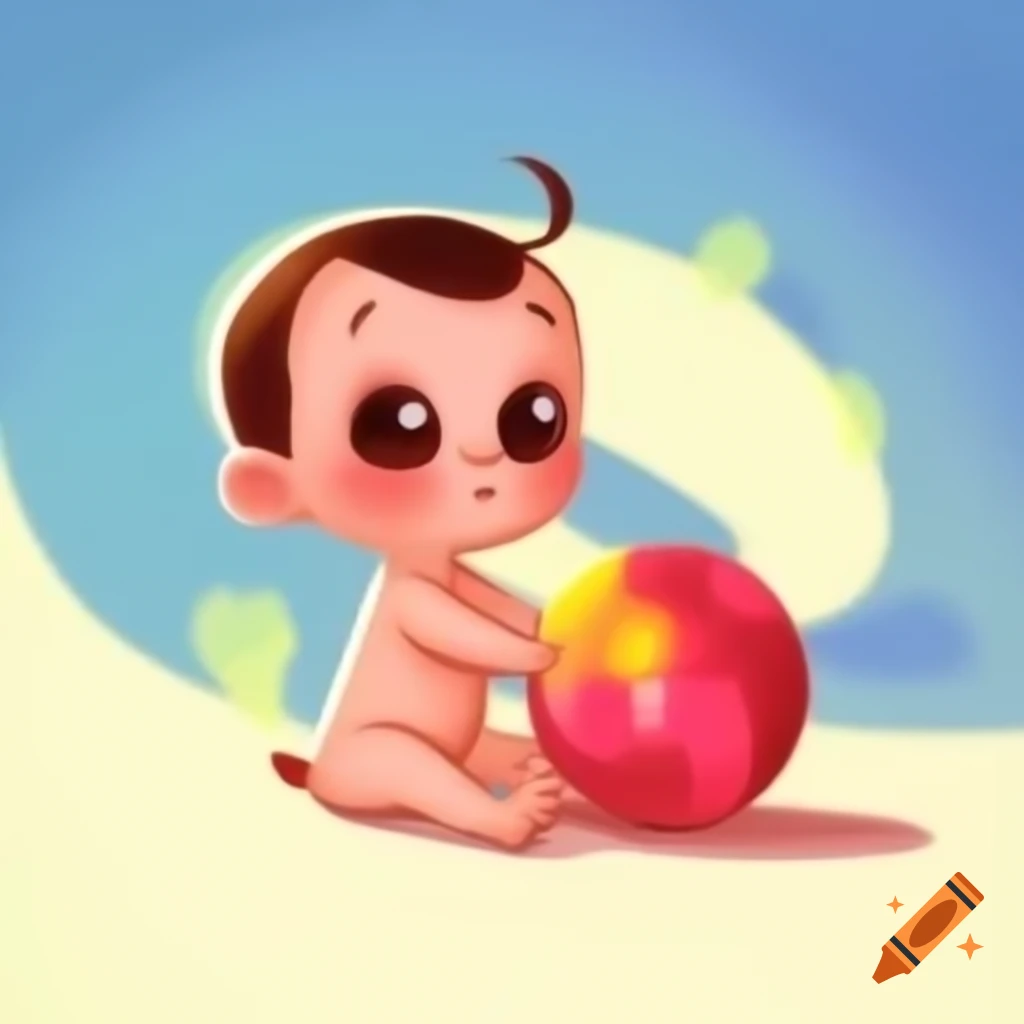 Colorful cartoon of curious baby reaching for ball under blue blanket ...