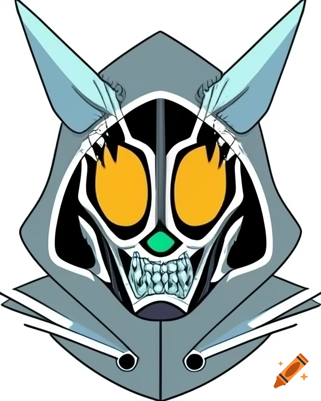 Kamen rider hades with hood, skeleton face, and sharp teeth on Craiyon