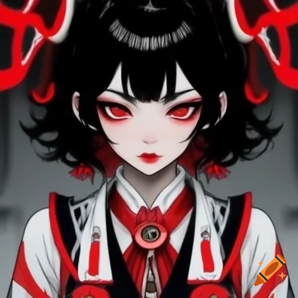Manga-style female oni character with black tousled hair and curved ...