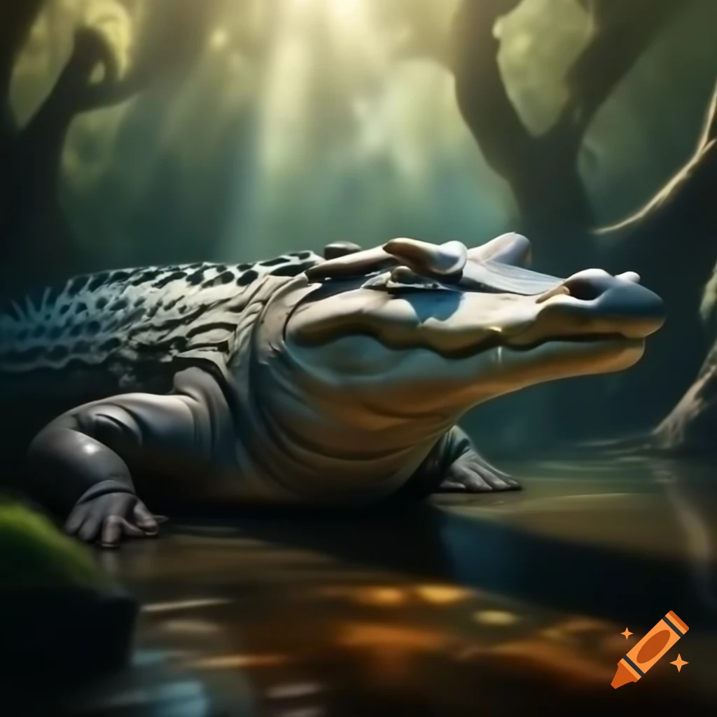 Colossal crocodile on sun-baked riverbank in ancient african bush on ...