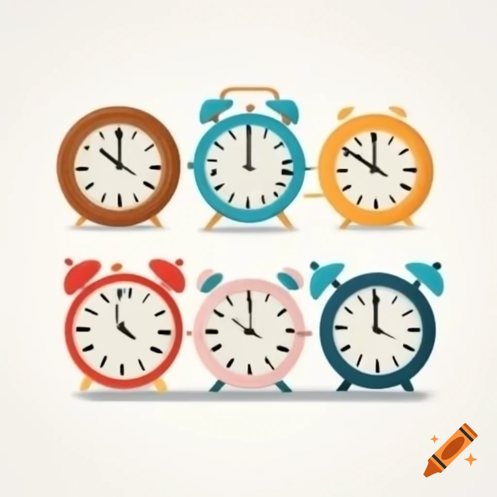 Cartoon of seven clocks against a white background on Craiyon
