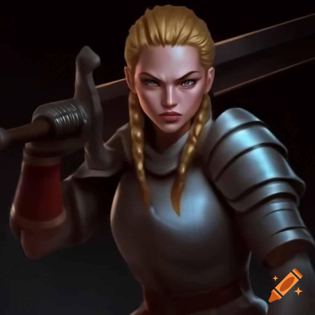 Angry female fighter in armor with sword and shield on Craiyon