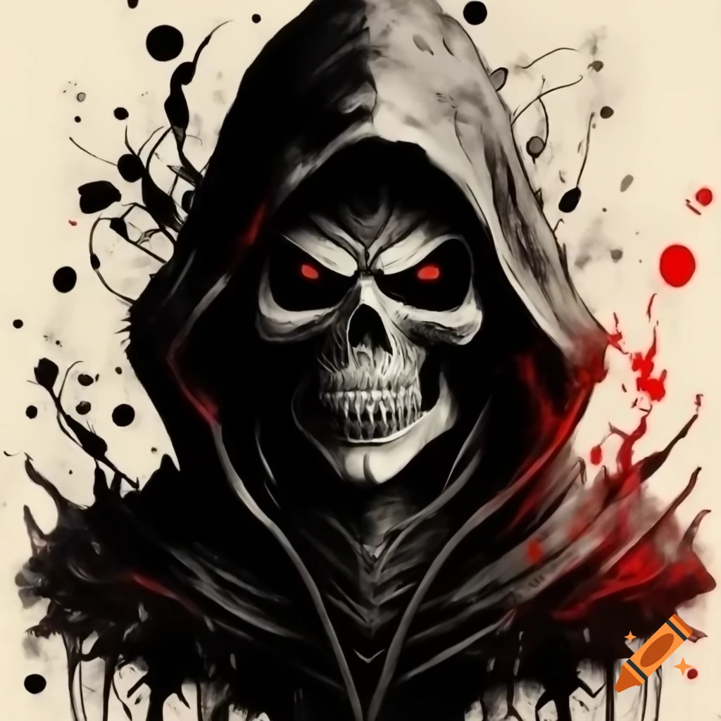 Evil reaper fantasy portrait in pen and ink, black and red stipple ...