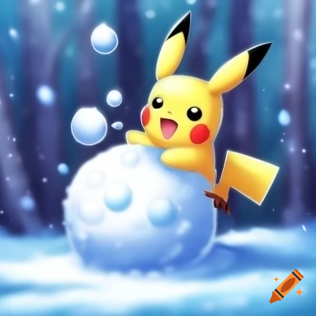 Pikachu and snom in a playful snowball fight in a snowy landscape on ...