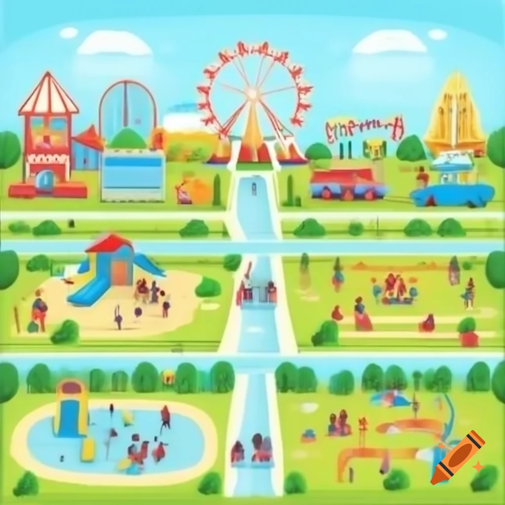 Colorful cartoon park design with play structures, swings, and ferris ...