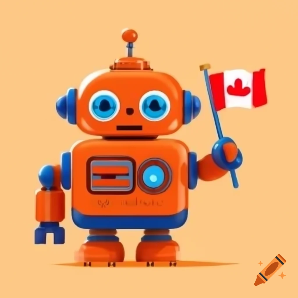 Cartoon orange robot with blue accents holding canada flag, smiling on ...