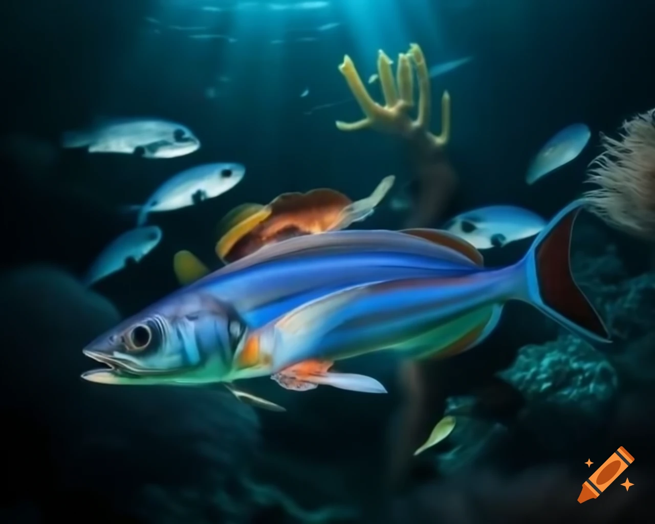 Group of fish captured in hyper-realistic underwater theme on Craiyon