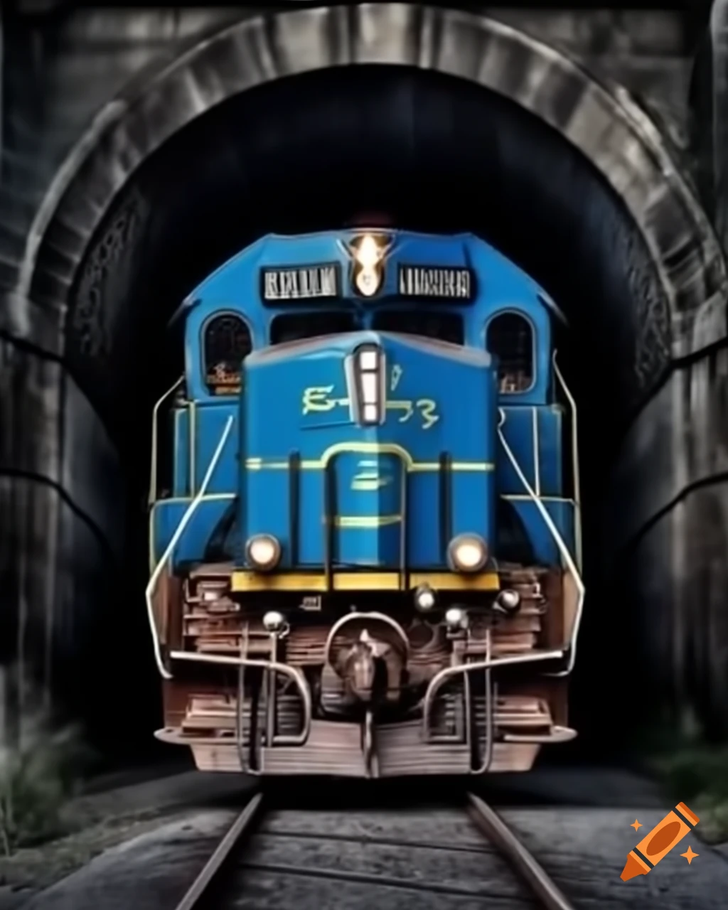 Ancient blue diesel locomotive at dark tunnel entrance, evoking ...