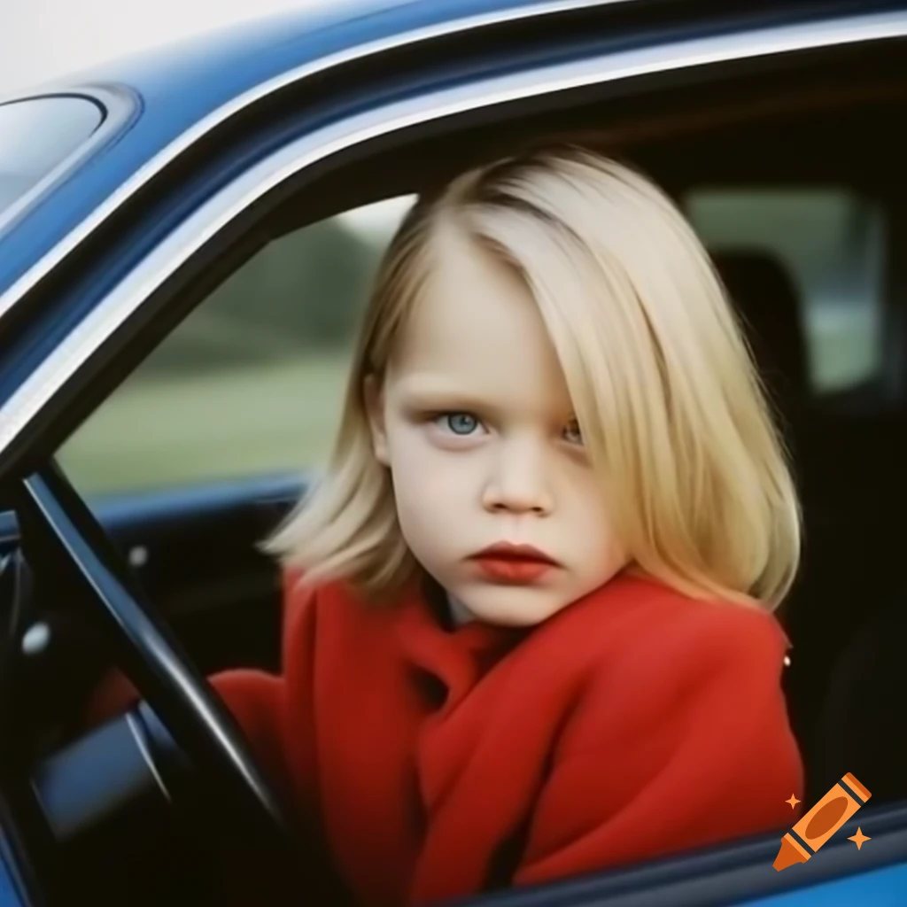 Finnish child with blonde hair and red lips sitting on a car on Craiyon