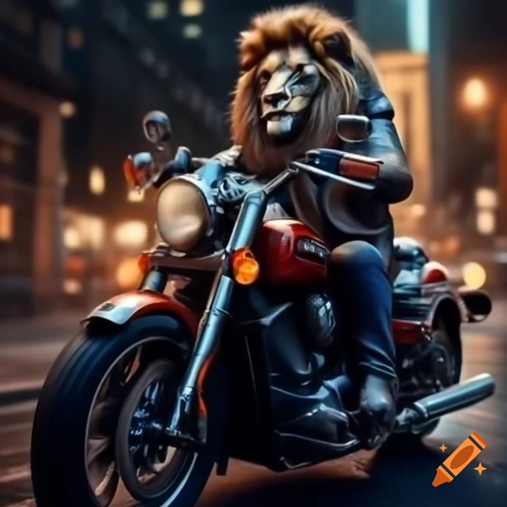 Realistic lion riding Harley Davidson down city street at night on Craiyon