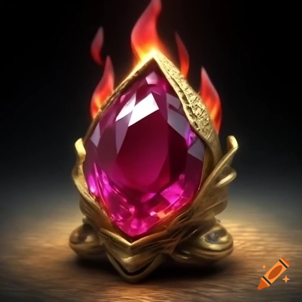 Man-sized ruby gemstone with air pocket and glowing black flame inside on Craiyon