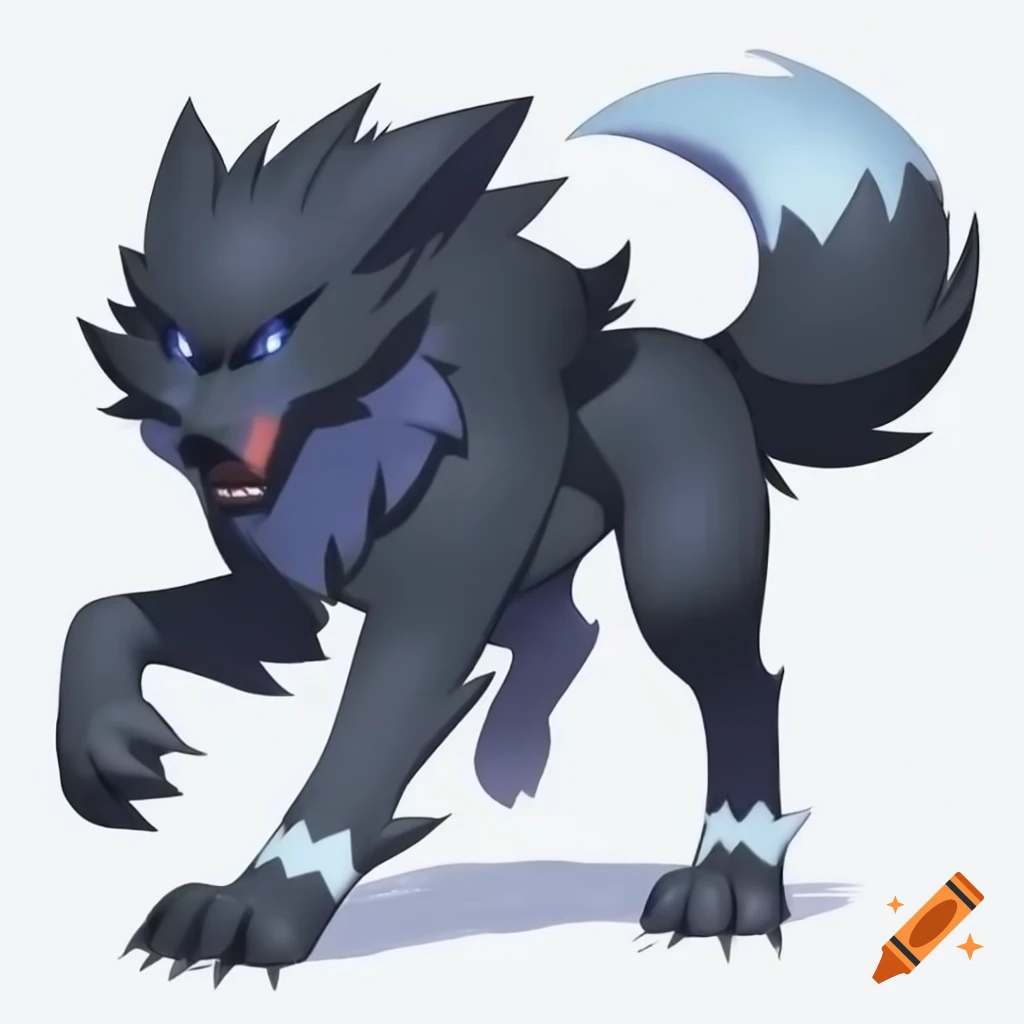 Midnight black wolf with blue eyes in Pokémon art style, showcasing ...