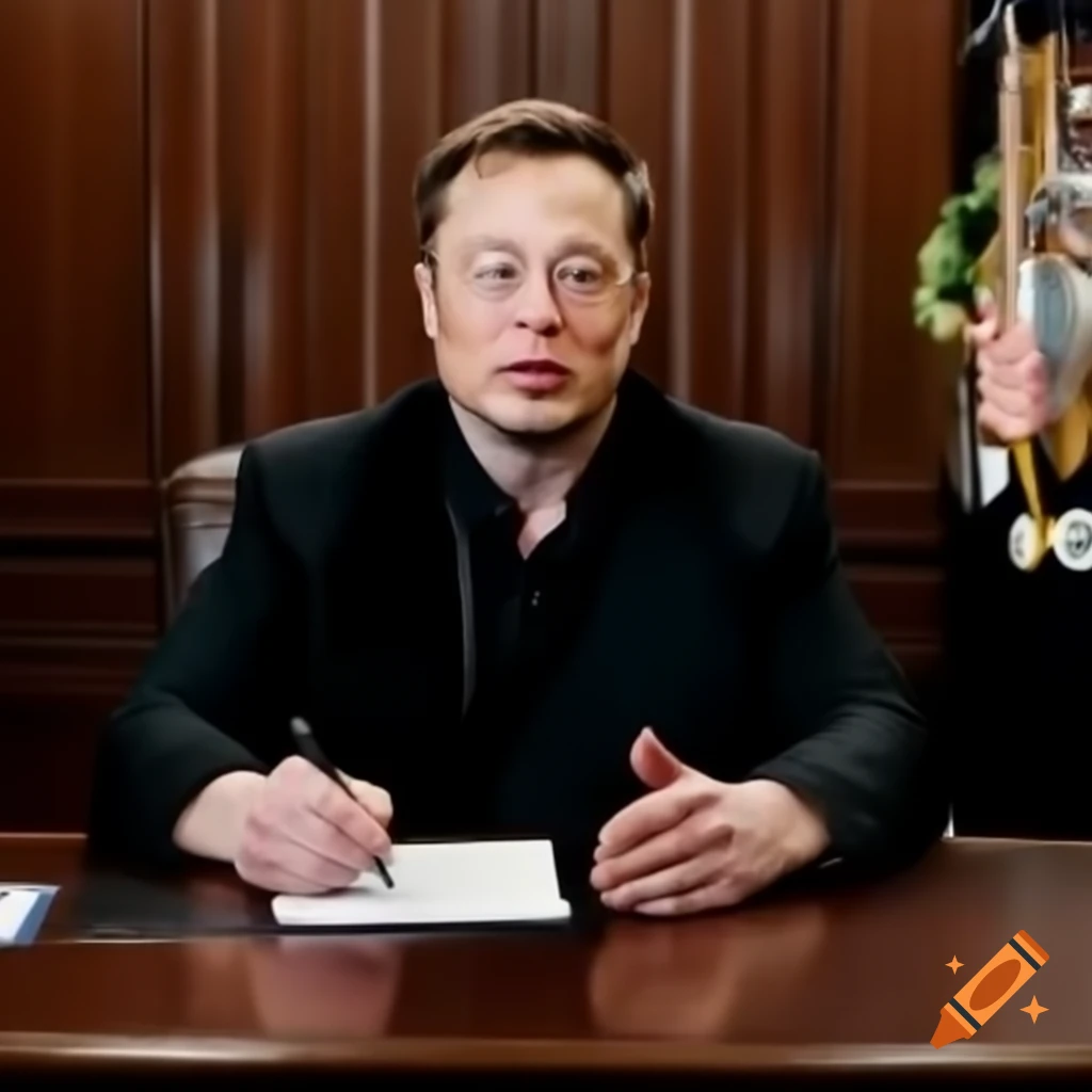 Elon Musk seated at the president's desk on Craiyon