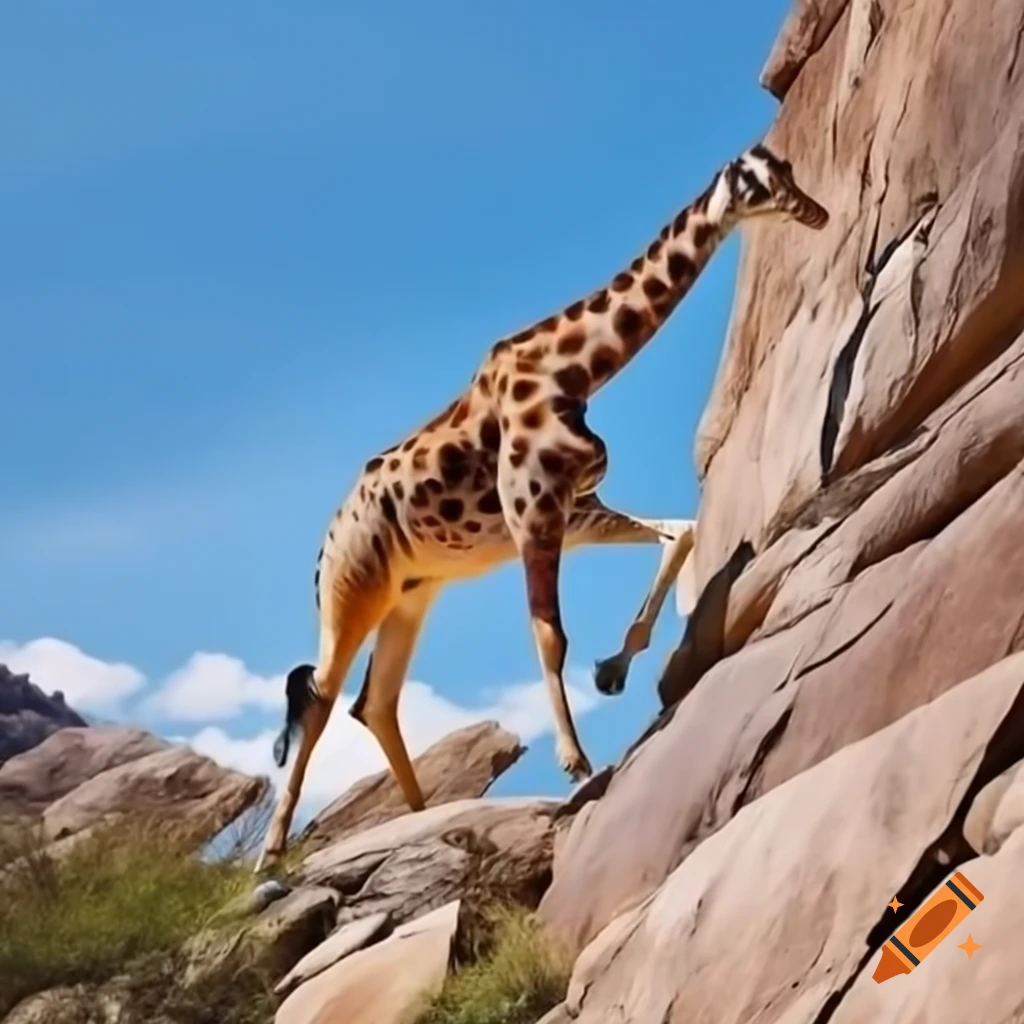 Giraffe climbing a steep mountain on Craiyon