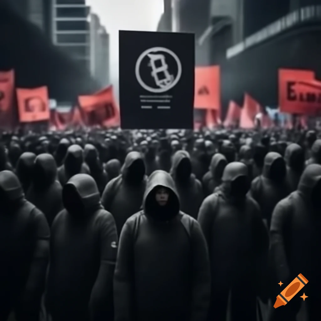 Dramatic rally of figures behind banner with cryptic symbol 'b1' on Craiyon