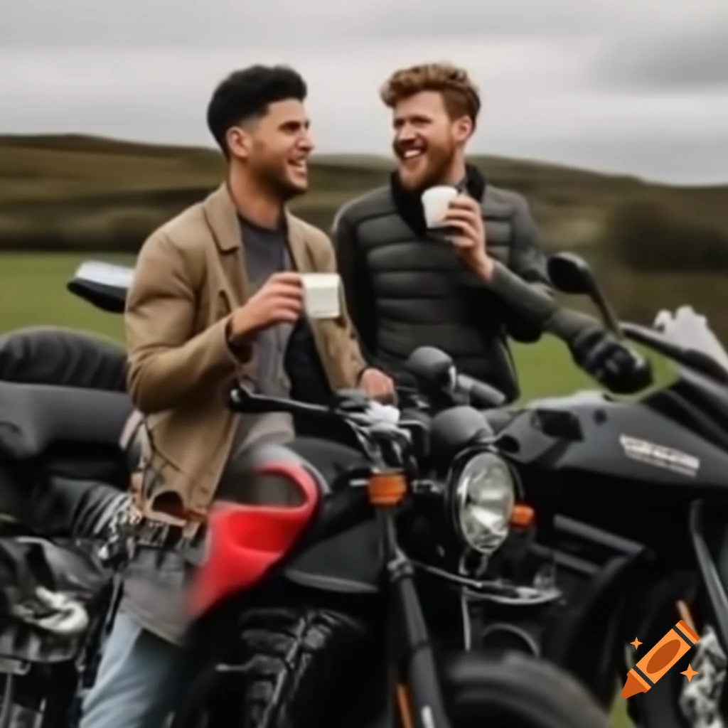 Two male friends enjoying coffee and laughing beside parked motorcycles ...