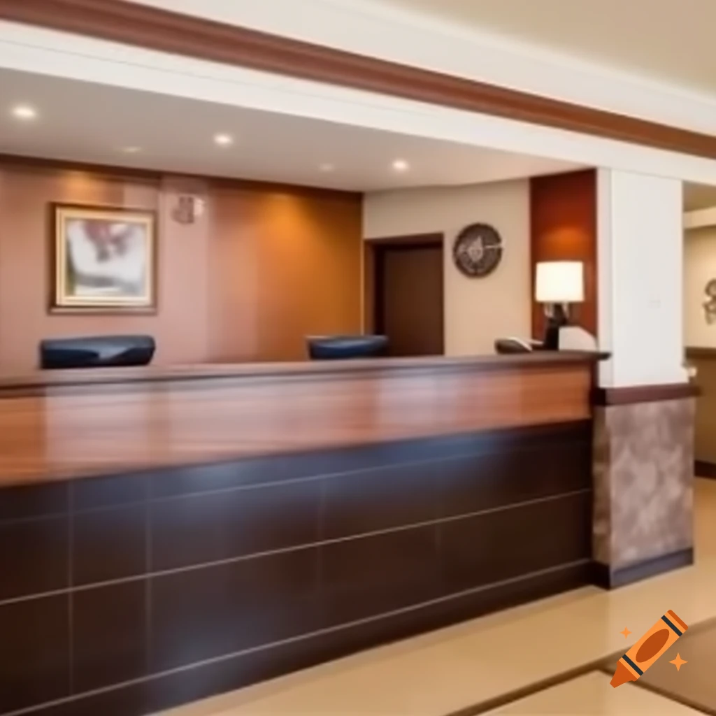 Hotel reception and registration area with signage on Craiyon