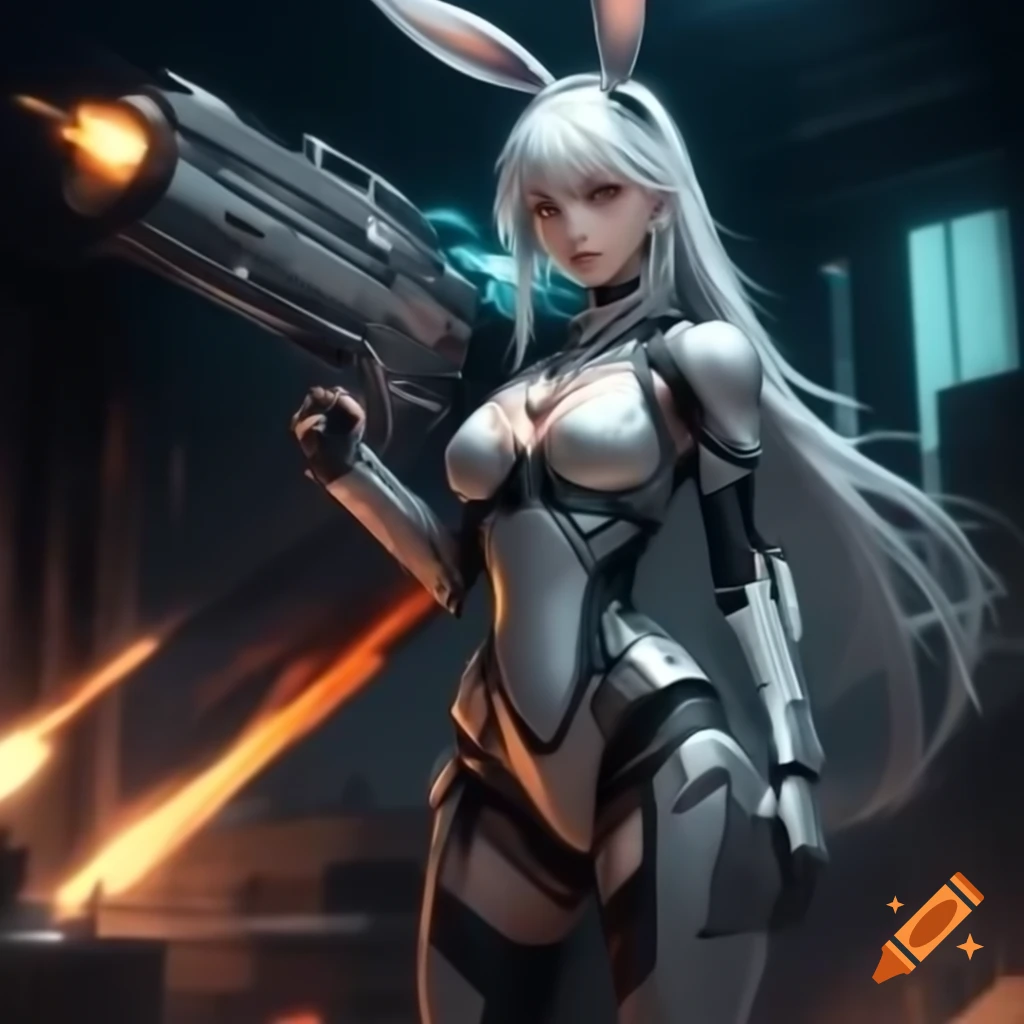 Futuristic ai character with white hair and bionic bunny ears firing high tech blaster on Craiyon