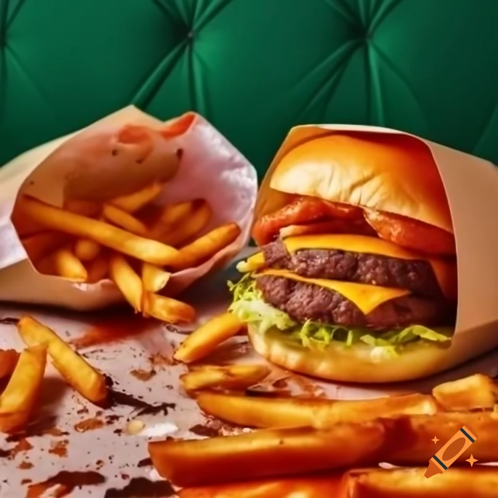 Messy burger and fries delivery with crumpled packaging and scattered ...