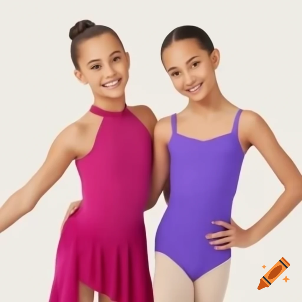 Two young women modeling dance outfits, smiling on Craiyon