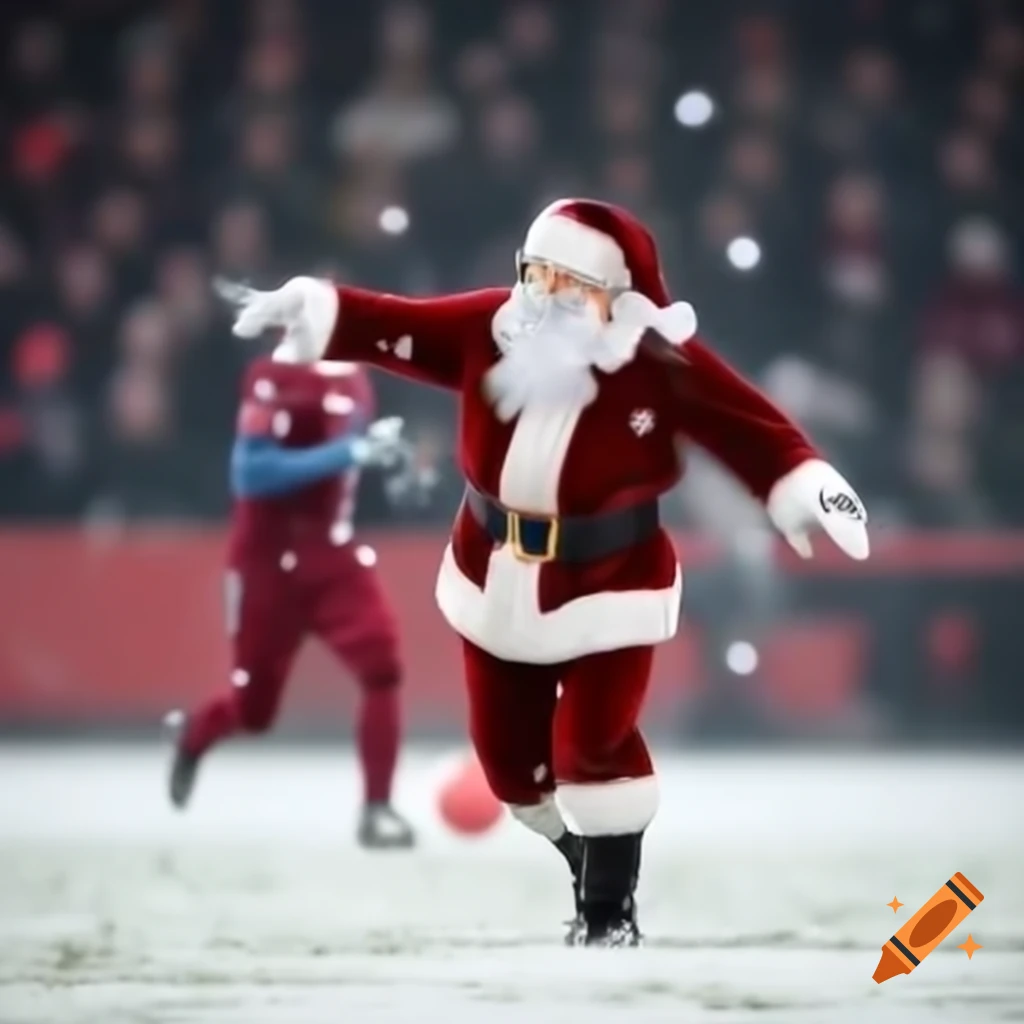 Photo realistic Santa Claus throwing snowballs at football player in ...