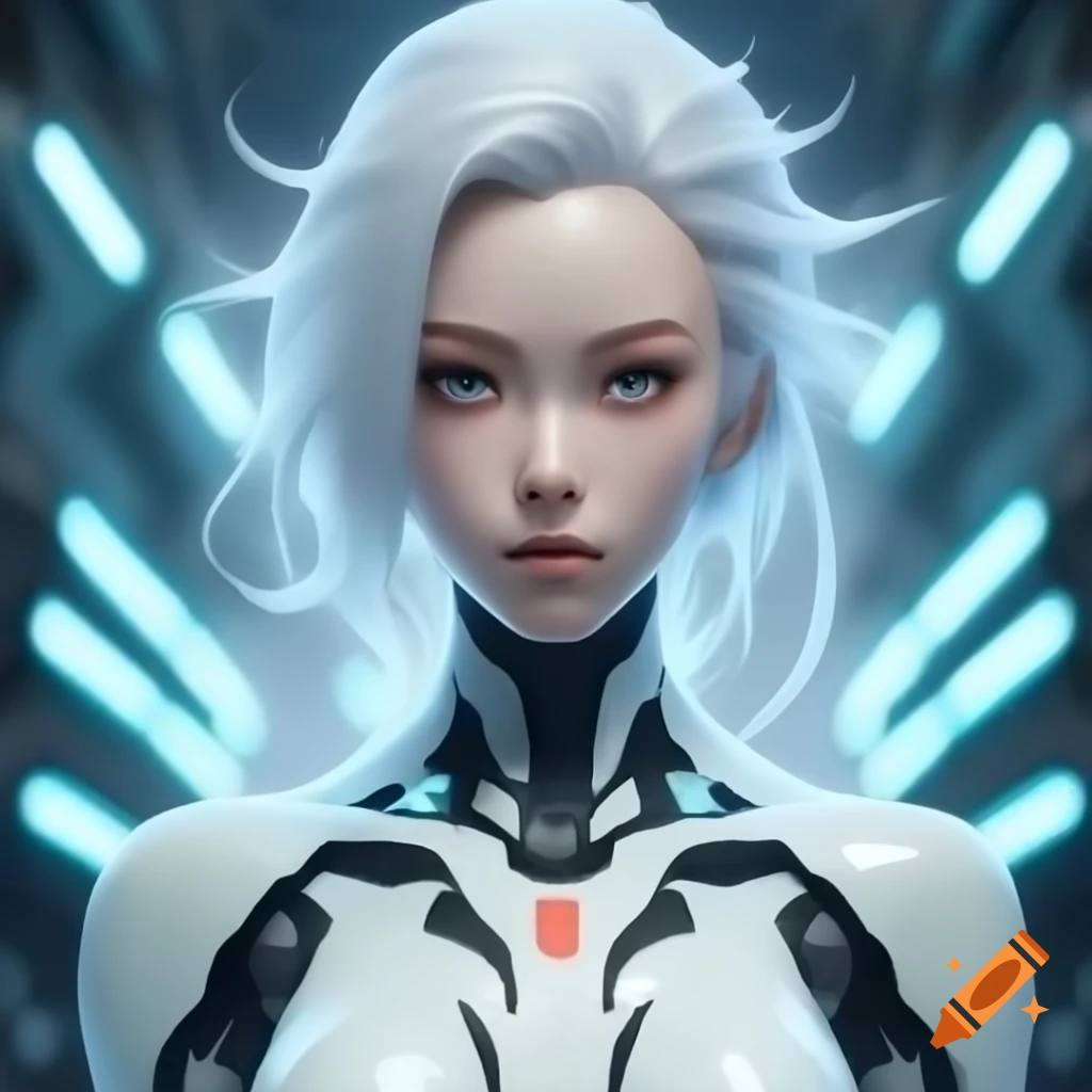 Futuristic anime-style female character with silver hair and bionic ...