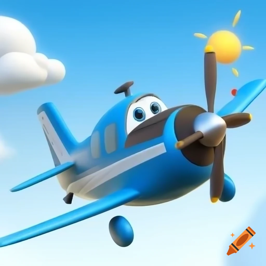 Cheerful cartoon blue Cessna airplane with eyes and a smile soaring in ...