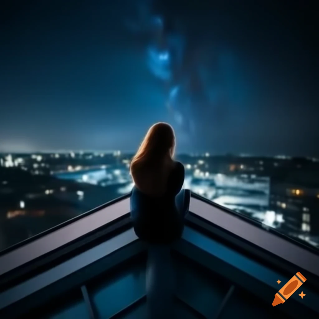 Woman sitting on rooftop edge gazing at night sky, extreme low angle ...