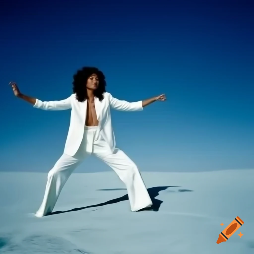 Tall woman in white suit standing in blue desert, unnerving core ...