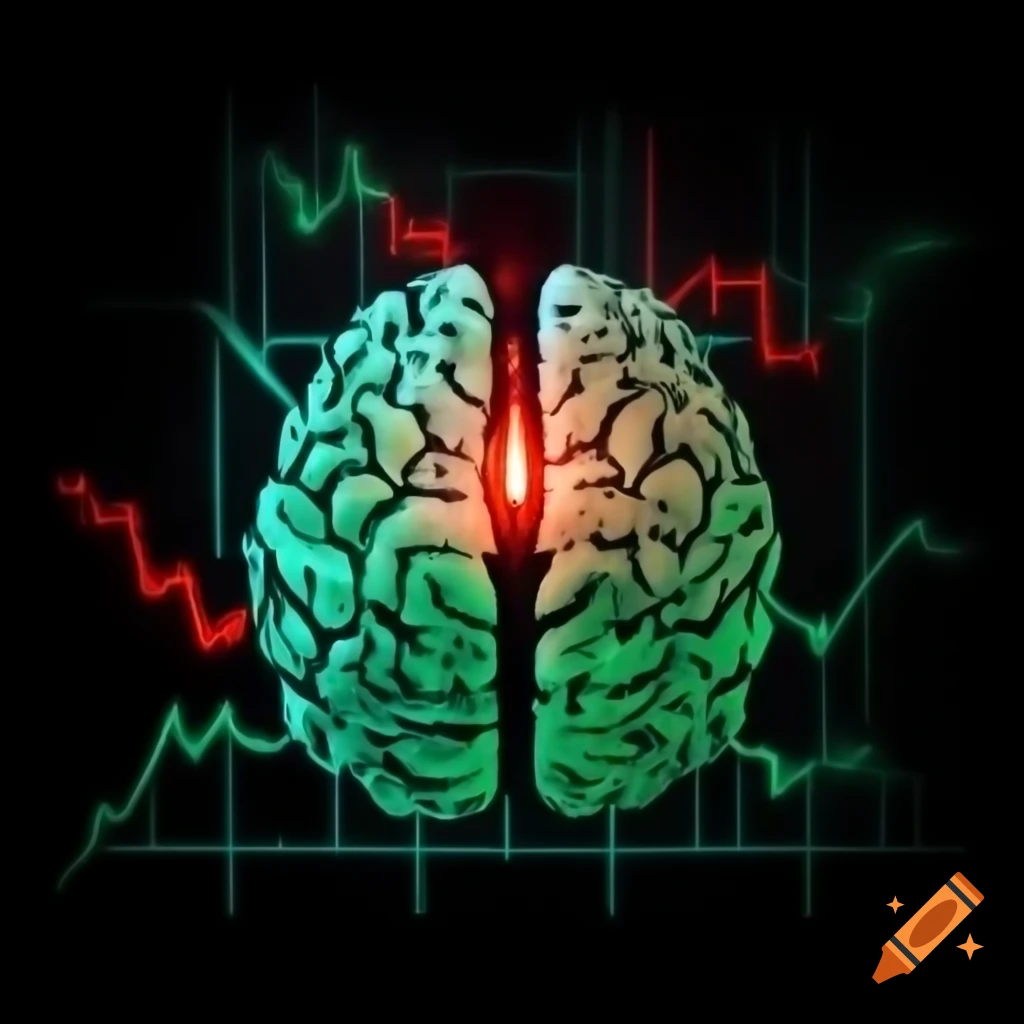Brain illustrating candlestick chart in dark theme with green and red ...