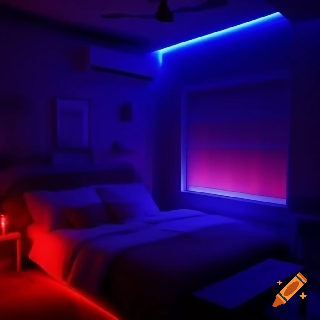 Bedroom illuminated with blue, red, and purple LED lights on Craiyon