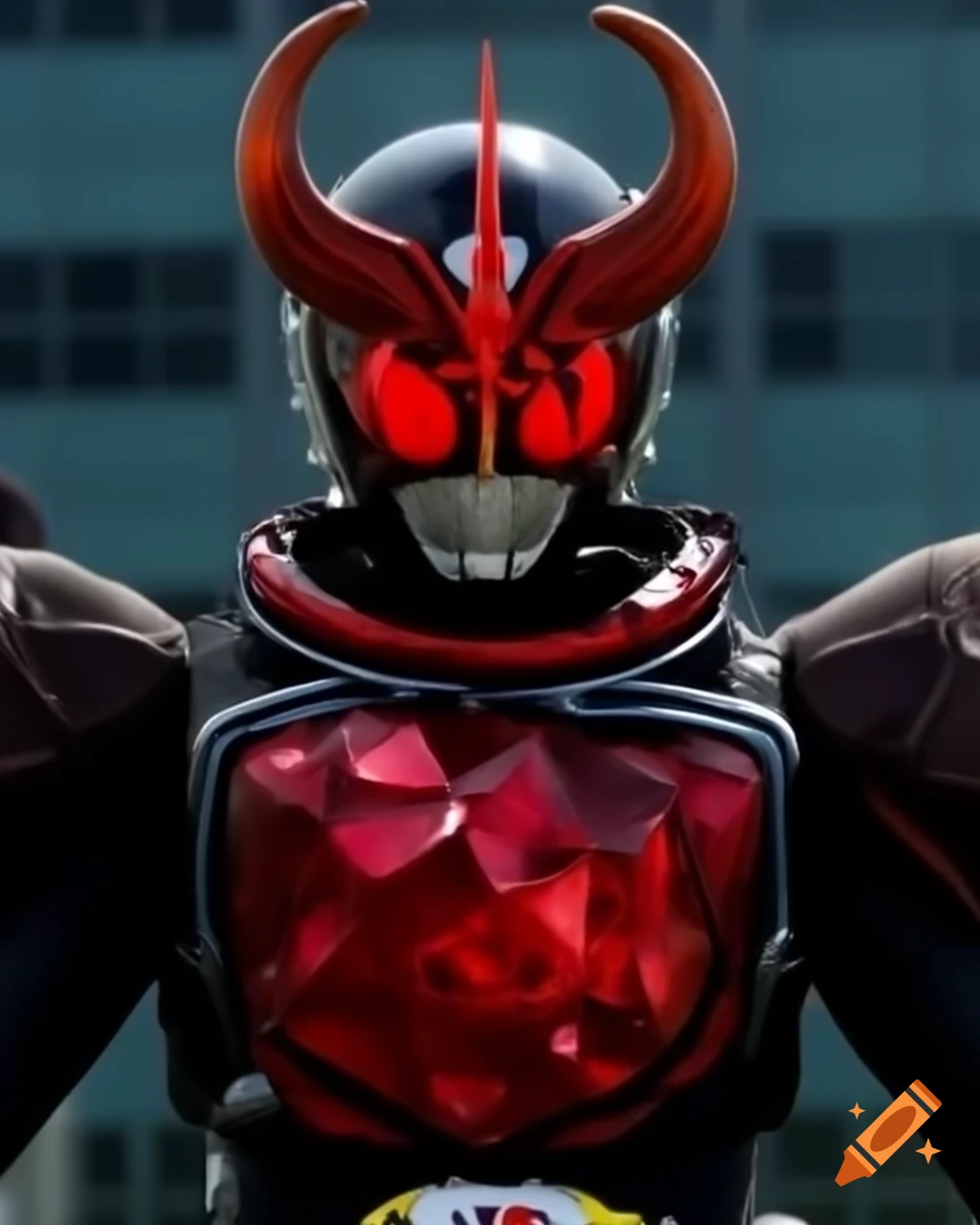 Kamen rider artemis with red crystal face, bison horns, and sharp teeth ...