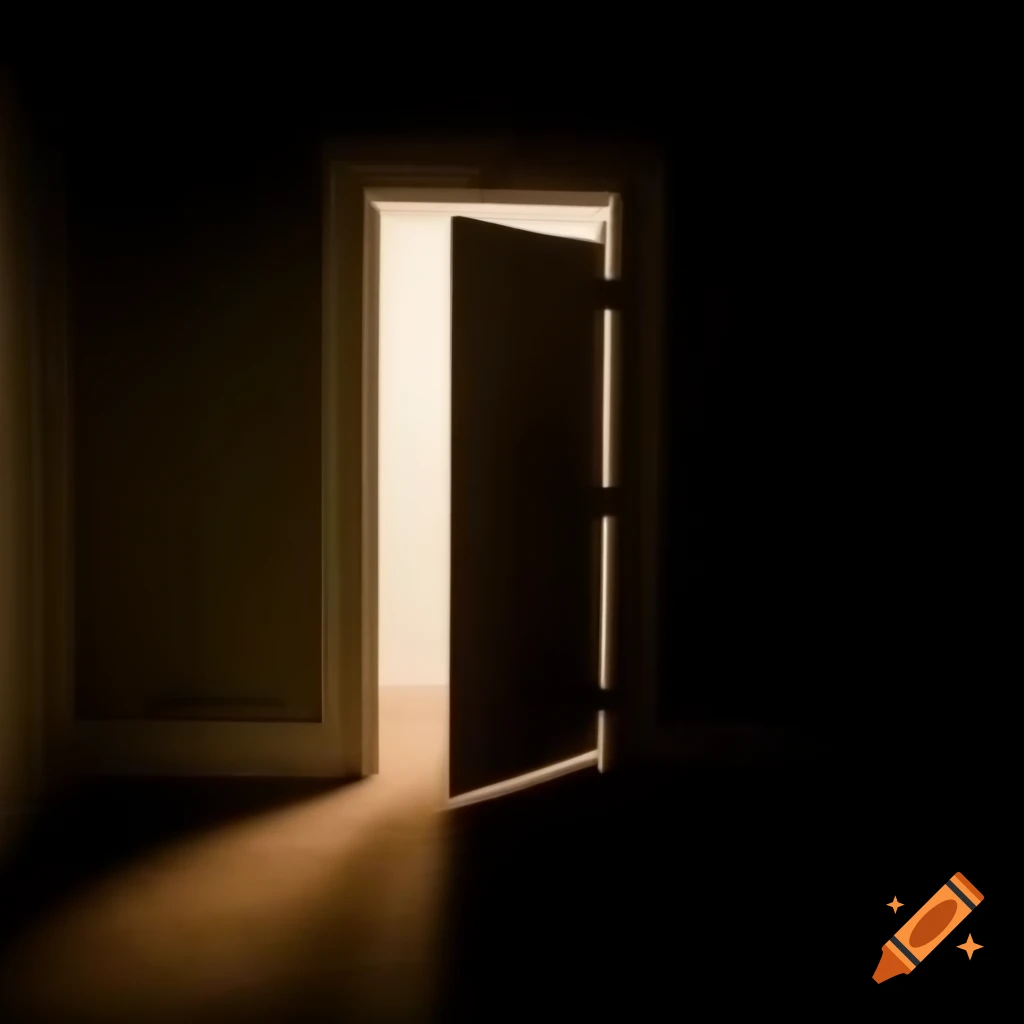 Suspenseful dimly lit room with creaking closet door and eerie glow on ...