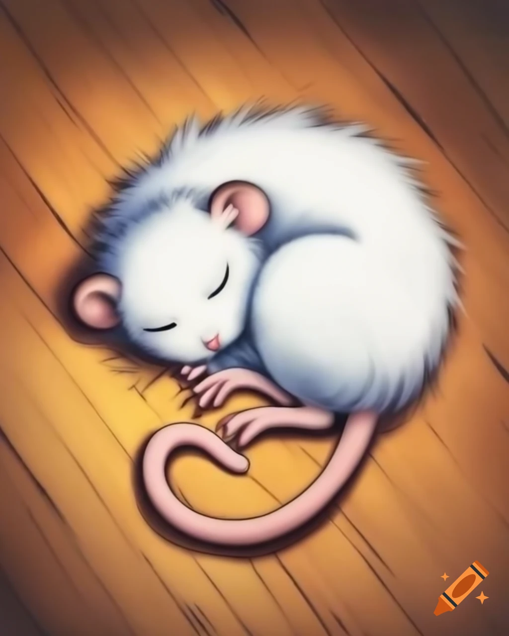 Sleeping fluffy black and white mouse curled up on wooden floor, Studio ...