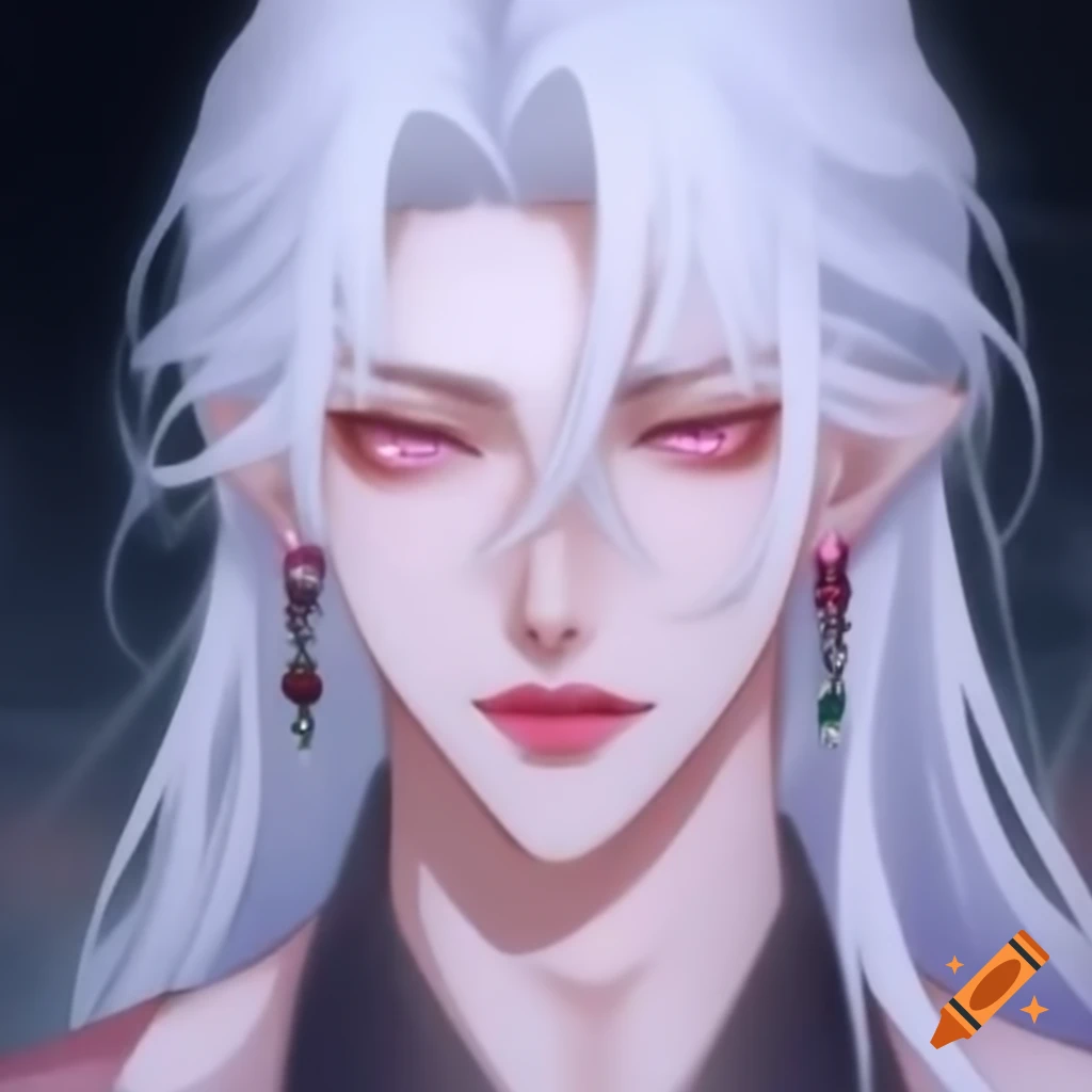 Anime character with white medium long hair and pink eyes, featuring ...