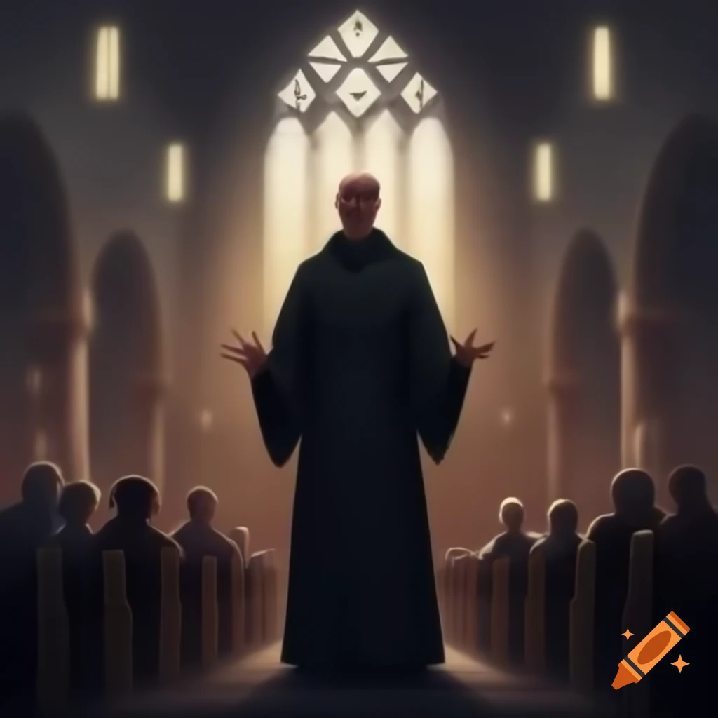 Strict priest instructing congregation in church setting on Craiyon