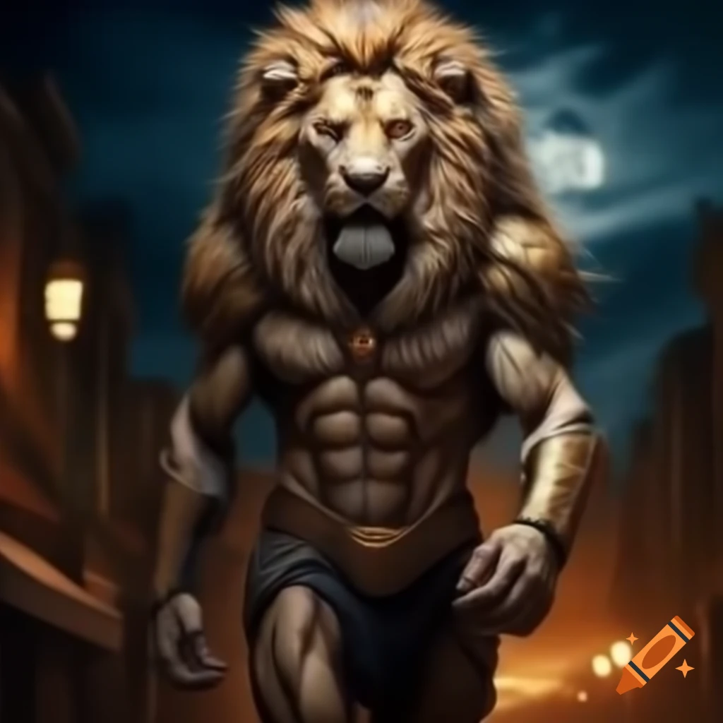 Muscular humanoid lion in dramatic pose under moonlight with glowing ...